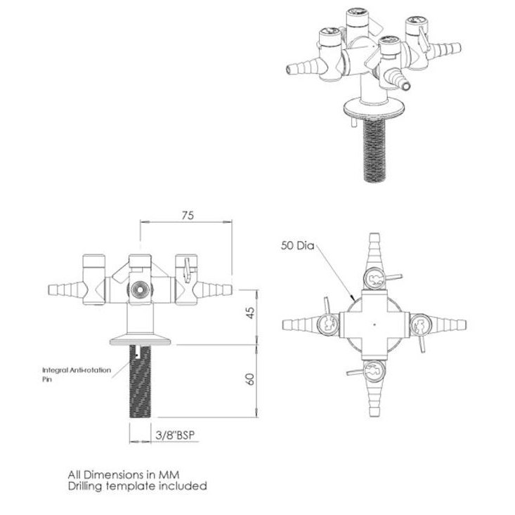 Laboratory Four Way Drop Lever Gas Tap for Bench Mounting