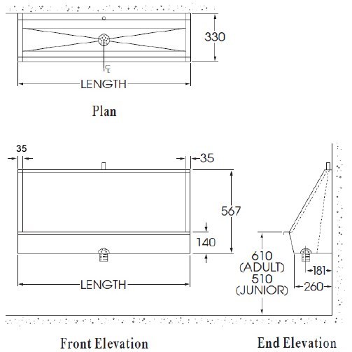 Wall Hung Trough Urinal: Vandal Resistant: 2400mm Long