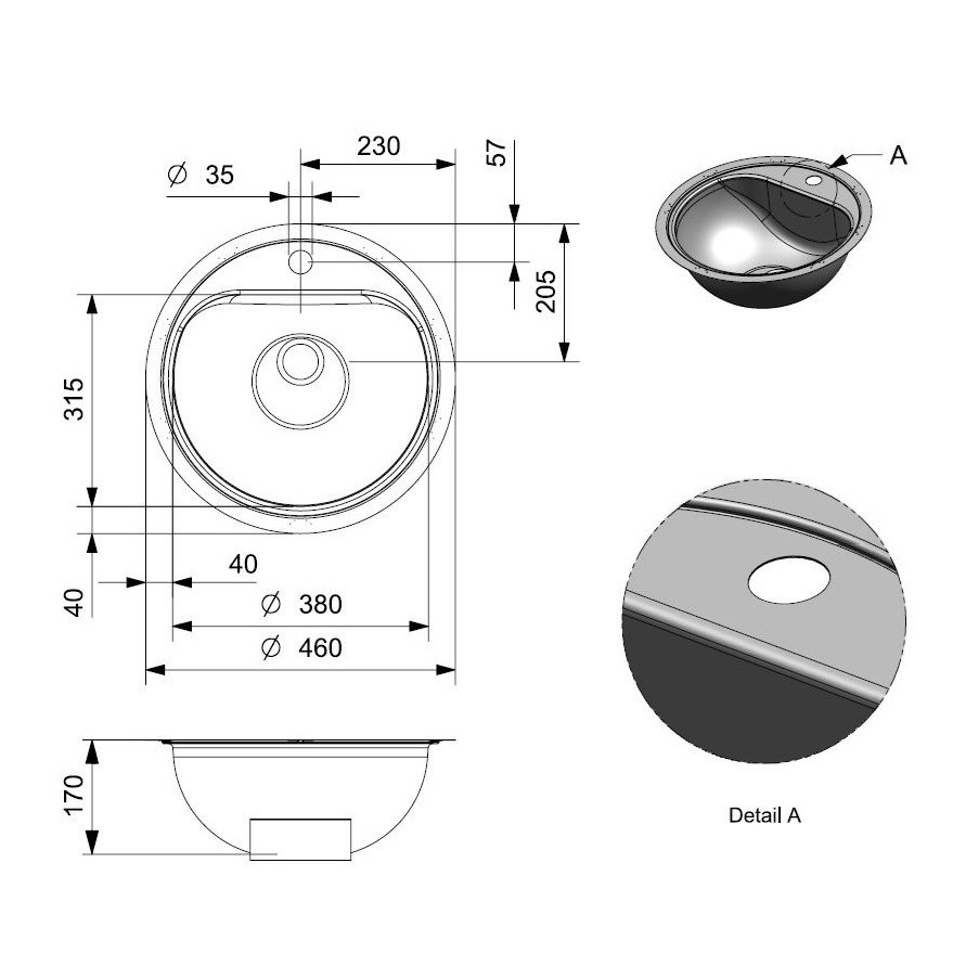 Stainless Steel Inset D Shape Sink Bowl with Single Tap Hole