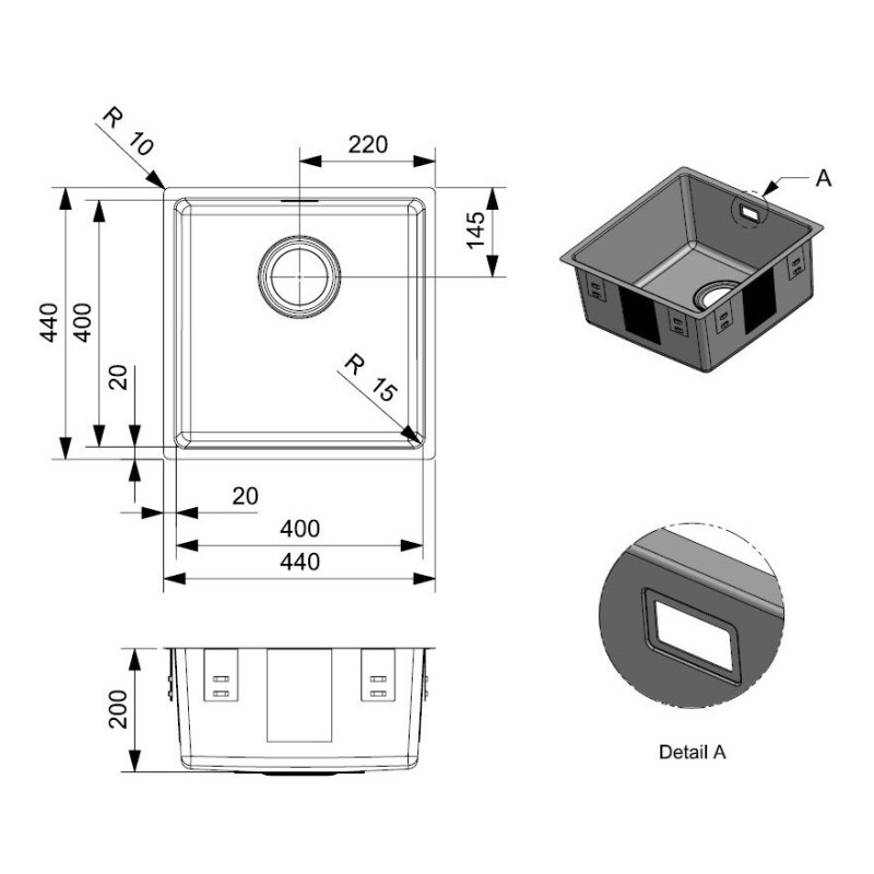 Stainless Steel Undermount Square Sink Bowl 400mm x 400mm